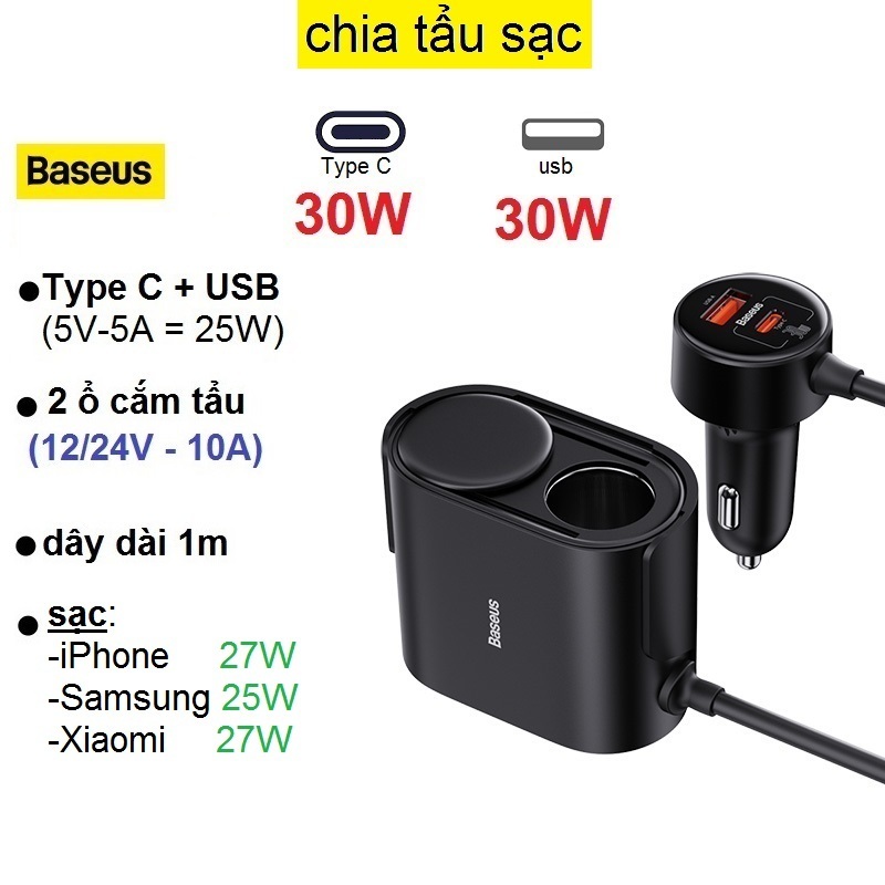 Chia tẩu sạc Baseus High Efficiency Pro sạc nhanh 30W 2 cổng Type C và USB (BS-CG010) | Shopee ...