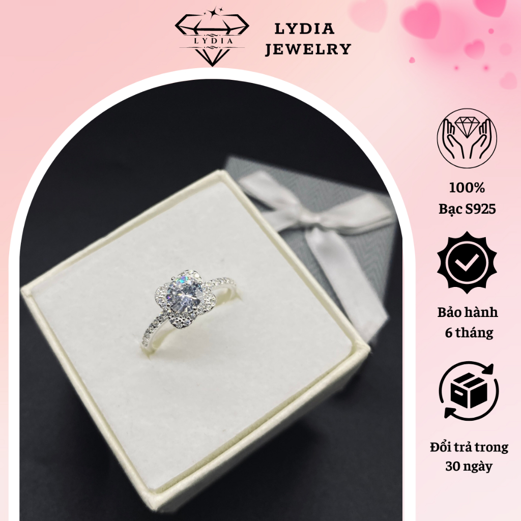 Nhẫn trụ 4 chấu mặt hoa Lydia S925 nhẫn bạc nữ hoa nạm đá quanh cap cấp ...