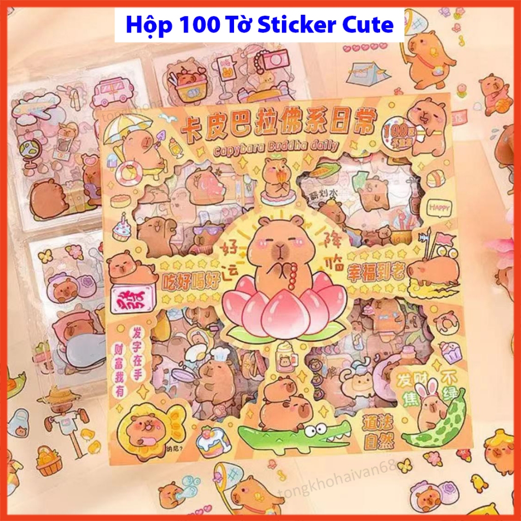 Hộp 100 tấm sticker cute dễ thương Capy , set 100 tờ sticker trang trí ...