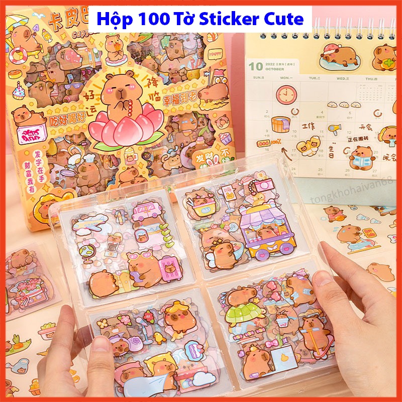 Hộp 100 tấm sticker Capy cute dễ thương thiết kế xinh trang trí dán tập ...