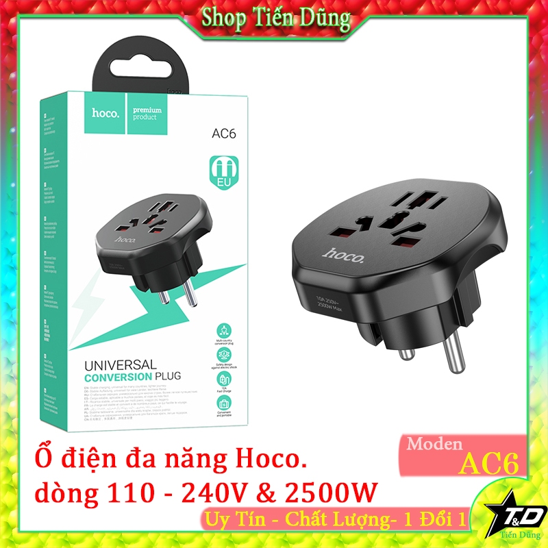 Ổ điện đa năng 2500W HOCO AC6 chân tròn chuẩn EU, dòng điện 110 - 240V, ổ cắm đa năng dành cho ...