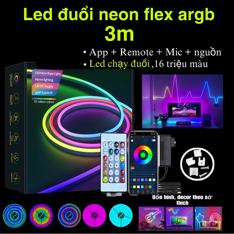 Đèn NEON FLEX ARGB-RGB 16 TRIỆU MÀU cảm biến âm thanh điều khiển app ...