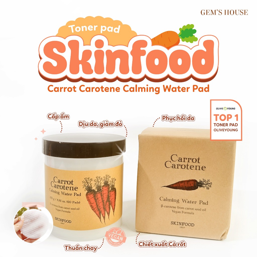 Toner pad SkinFood Carrot Carotene Calming Water (Hộp 60 miếng ...