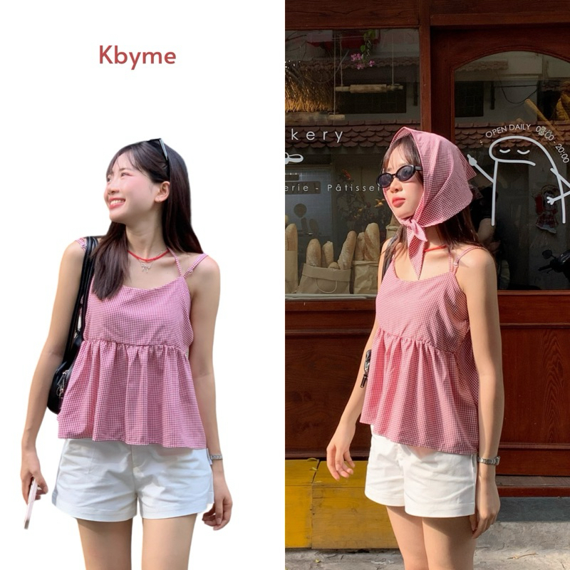 Áo babydoll caro đỏ Girlie Top tặng kèm khăn turban | Shopee Việt Nam