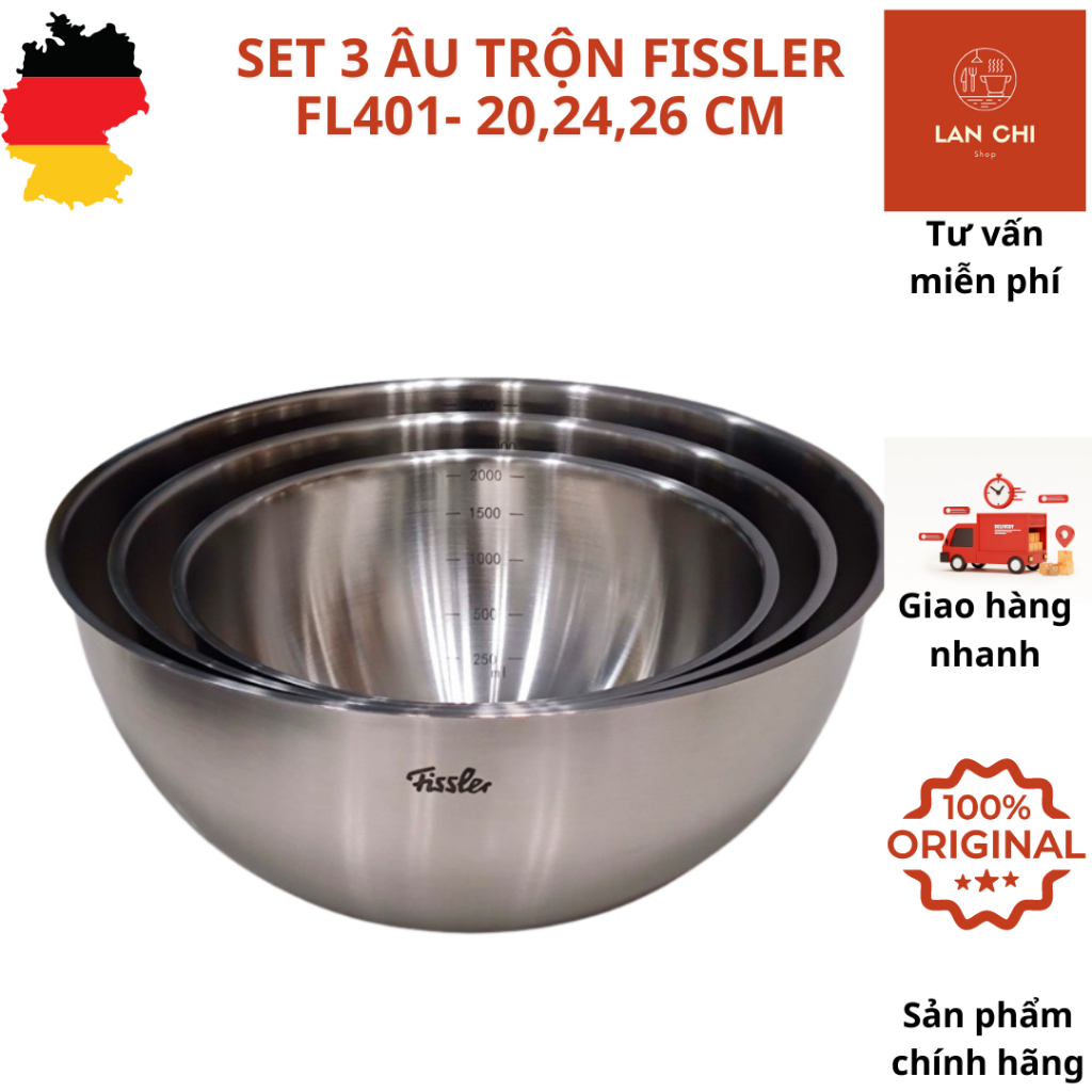Âu trộn FISSLER FL401, âu trộn FISSLER 20cm, 24cm, 26cm, set 3 bát trộn ...