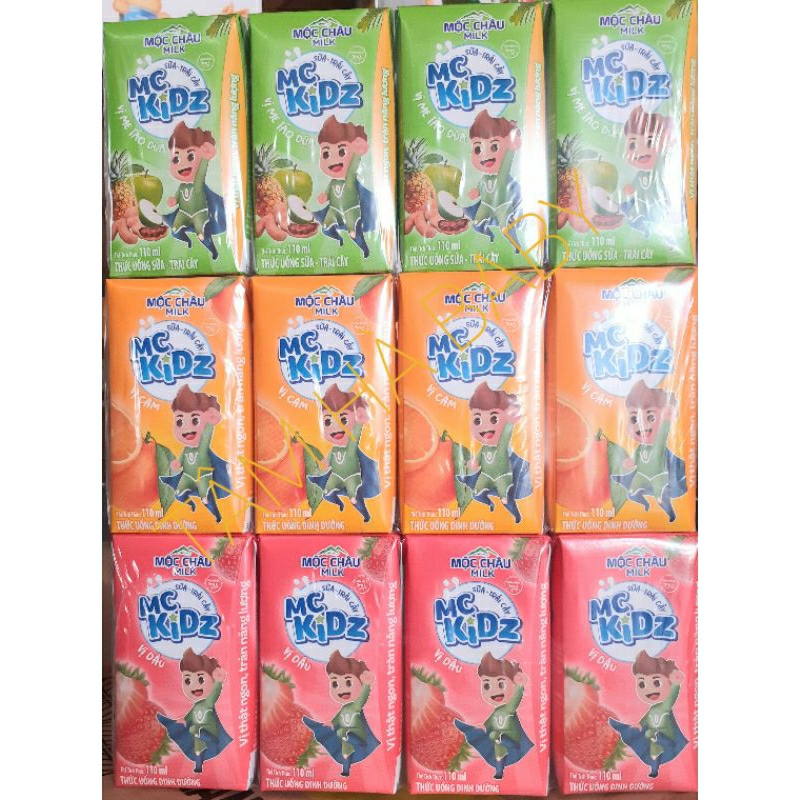 Thùng sữa mini sữa trái cây MC Kidz Mộc Châu vị dâu, cam, me táo dứa ...