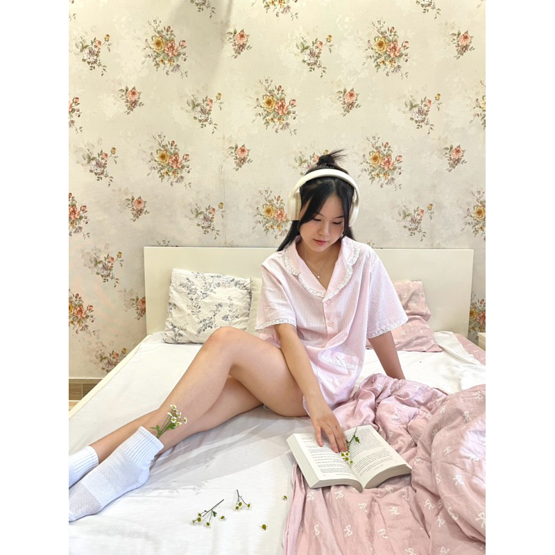Claire | Pyjamas đồ mặc ở nhà sọc trắng hồng phối ren | haruharu.label | Shopee Việt Nam