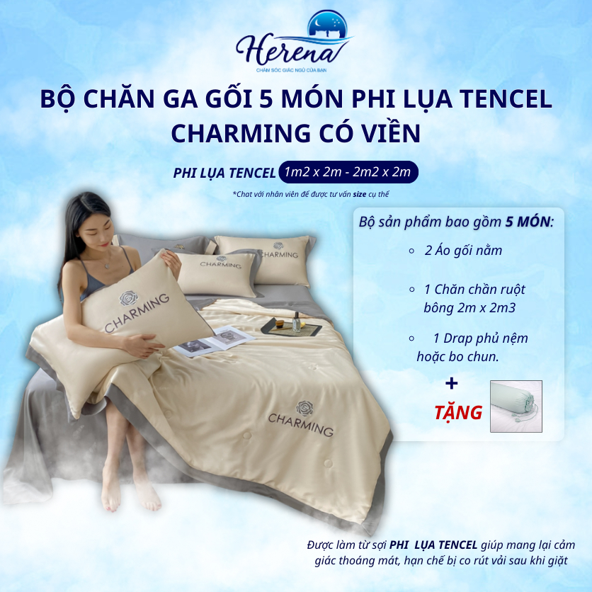 Bộ chăn ga gối 5 món phi lụa tencel CHARM viền sang trọng HERENA ...