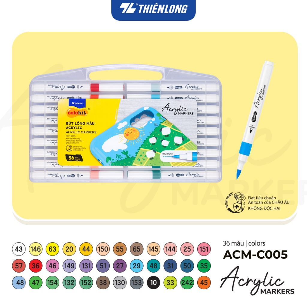 Bút lông màu Acrylic Markers 1 đầu brush Thiên Long Colokit 12/24/36 màu, chồng màu tốt, trang ...