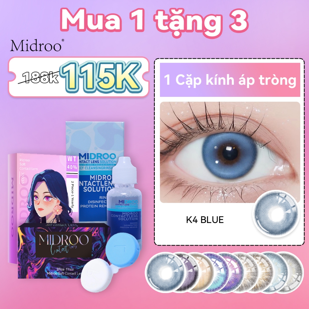（Mua 1 tặng 3）1 Cặp Kính áp Tròng Lens Midroo 0 Độ 14,2mm/14,5mm+Nước ...