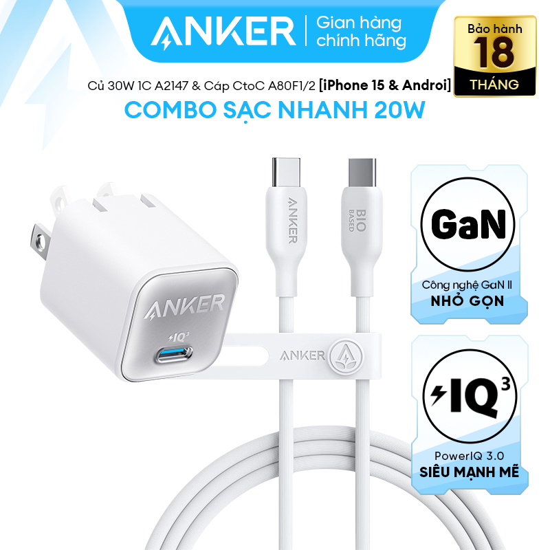 Combo Sạc Nhanh ANKER 30W - [Củ cổng USB-C chân gập & Cáp CtoC đạt tiêu chuẩn USB-IF] cho iPhone ...