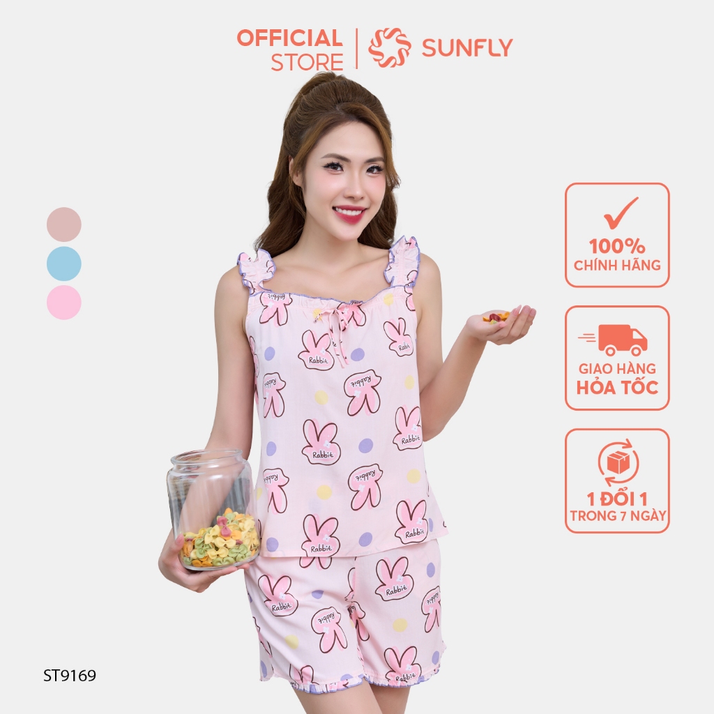 Đồ bộ mặc nhà nữ SUNFLY chất lanh lụa ht áo dây bèo quần sooc ST9169 ...