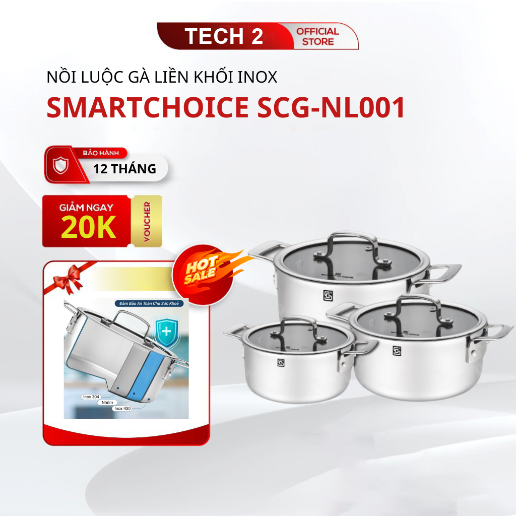 Nồi Inox 304 SmartChoice SCG-NL001 Liền Khối 3 Đáy Cao Cấp Nắp Kính 18-20-24-26cm | Shopee Việt Nam
