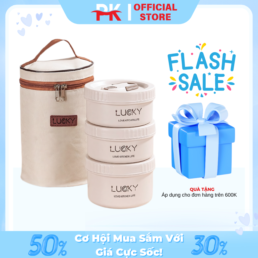 Hộp đựng cơm giữ nhiệt Lucky kèm túi đựng, Hộp cơm văn phòng 3 tầng giữ nhiệt làm bằng inox 304 ...