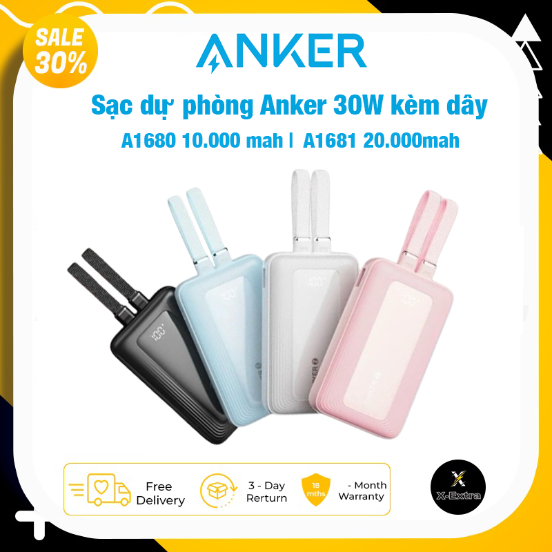 Pin dự phòng Anker Zolo sạc nhanh 30W A1680 10.000mah A1681 20.000mah tích hợp cáp C-C C-L ...