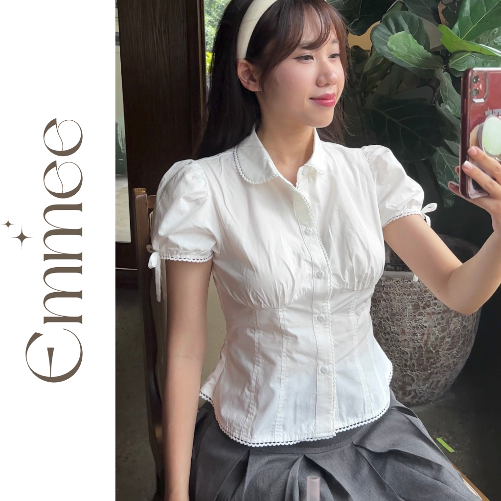 Emmee - Áo sơ mi cộc tay thiết kế dáng ôm phối ren, tay nơ, buộc dây ...