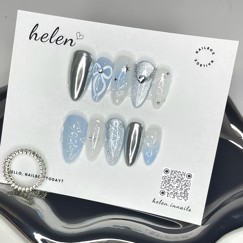 [H068] Nailbox xanh biển nơ trắng mã 68 | Shopee Việt Nam