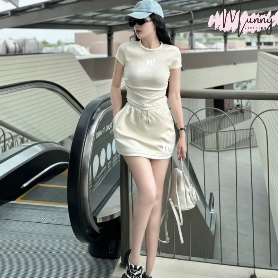 Set đồ nữ cộc tay cổ tròn thêu W nhúm eo kèm chân váy chữ A ngắn MUNNY ,bộ thun umi co dãn mua ...