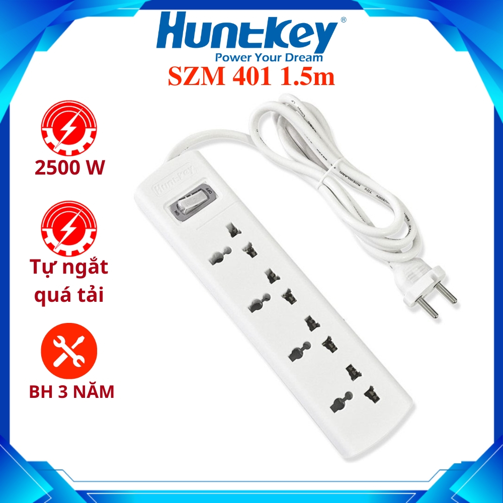 Ổ cắm điện đa năng tự ngắt Huntkey SZM401- 2500W, chịu nhiệt, 4 lỗ 3 chân dài 1.5m | Shopee Việt Nam