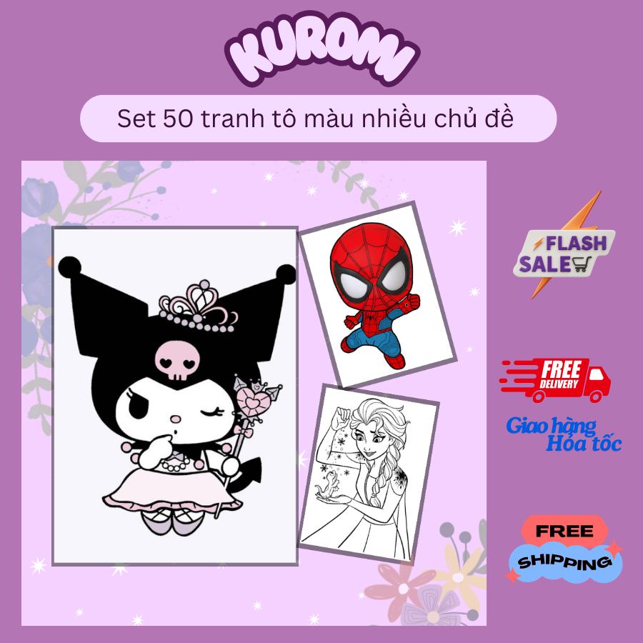 Bộ 50 tranh tô màu hoạt hình kuromi, gấu dâu, wolfoo, skibidi toilet ...