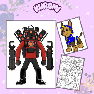 Bộ 50 tranh tô màu hoạt hình kuromi, gấu dâu, wolfoo, skibidi toilet ...