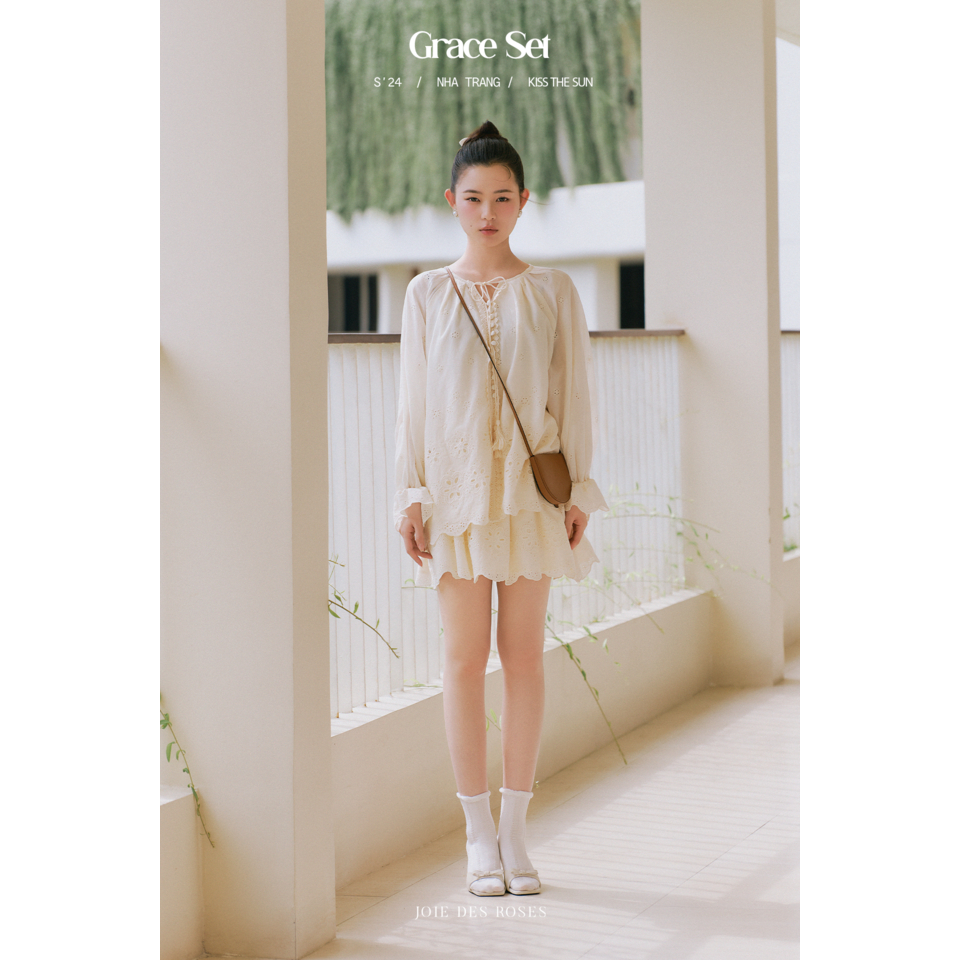 JOIE DES ROSES - Set áo thô boi thêu hoa và chân váy thô màu be Grace Set | Shopee Việt Nam