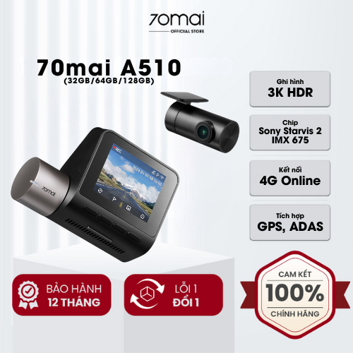 Camera hành trình 70mai A510 4G, 3K HDR Ghi hình đồng thời 2 mắt trước ...