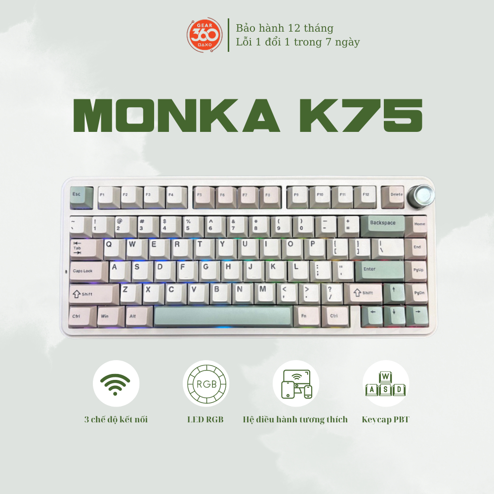Bàn phím cơ không dây Monka K75 - Trang bị mạch xuôi, Led RGB - Hỗ trợ ...