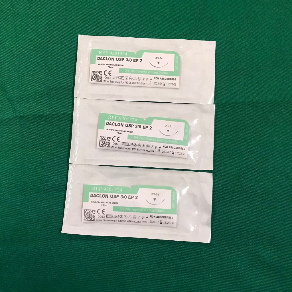Chỉ không tiêu đơn sợi (Daclon nylon 3/0) - Kim tam giác 3/8, kim 24mm ...