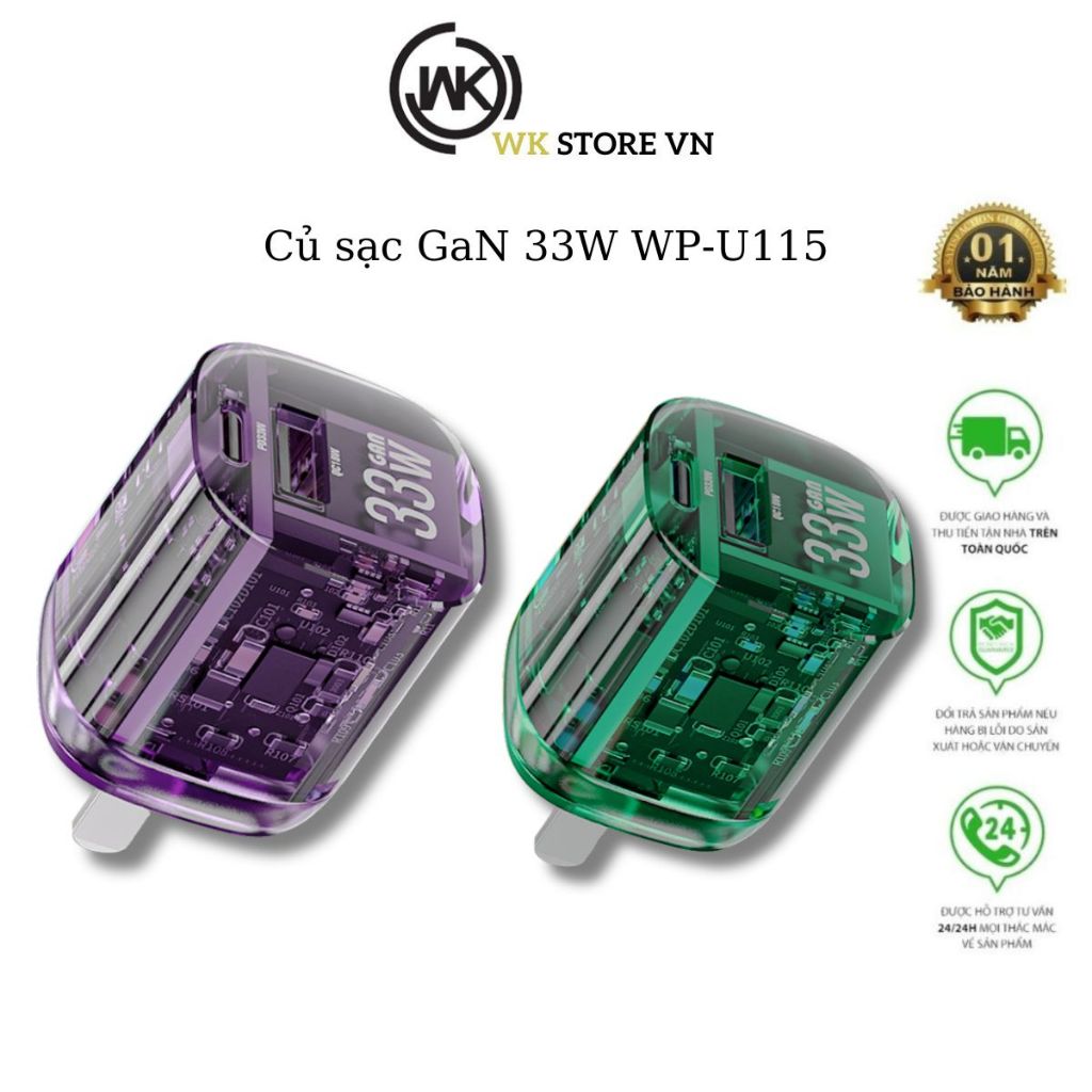 Củ sạc trong suốt WK WP-U115 33W công nghệ GaN sạc nhanh 2 cổng USB ...
