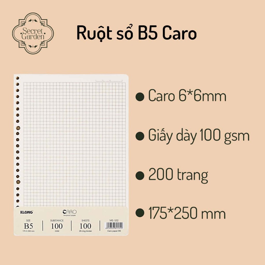 Ruột sổ còng nhựa b5 KLONG 26 chấu Caro, dash line kẻ ngang, chấm dot grid 100 tờ 100/76 giấy ...