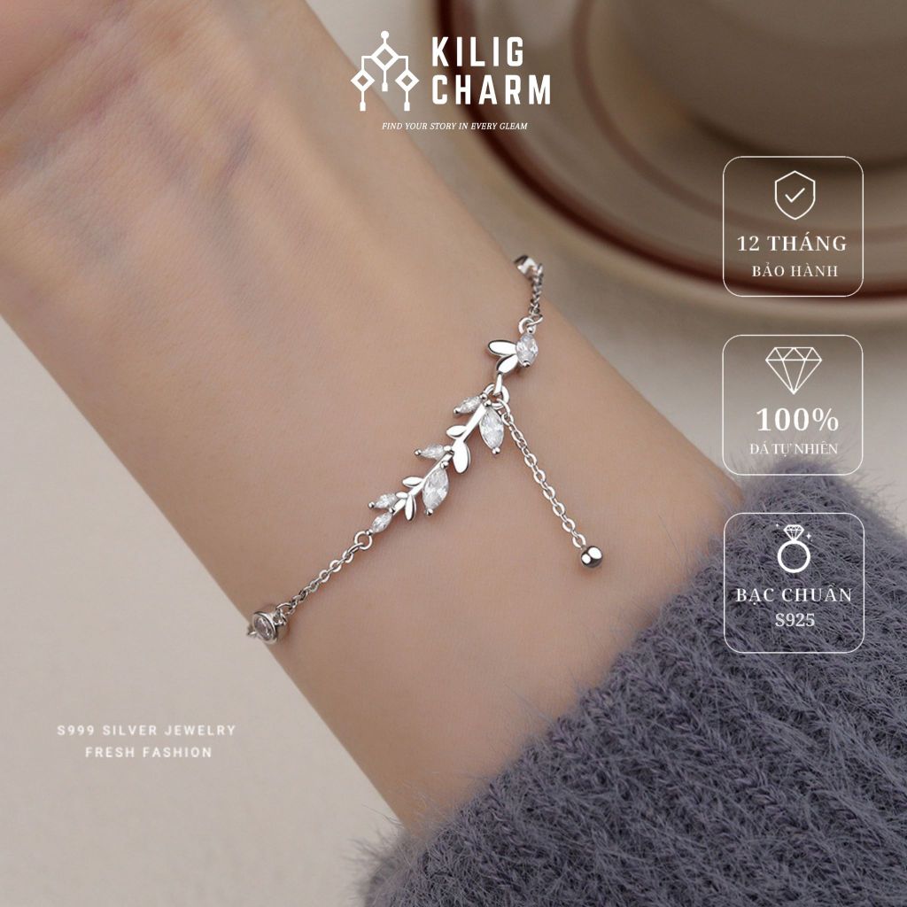 Lắc tay nữ bạc s925 charm lá cây đính đá phong cách thiên nhiên, thanh ...