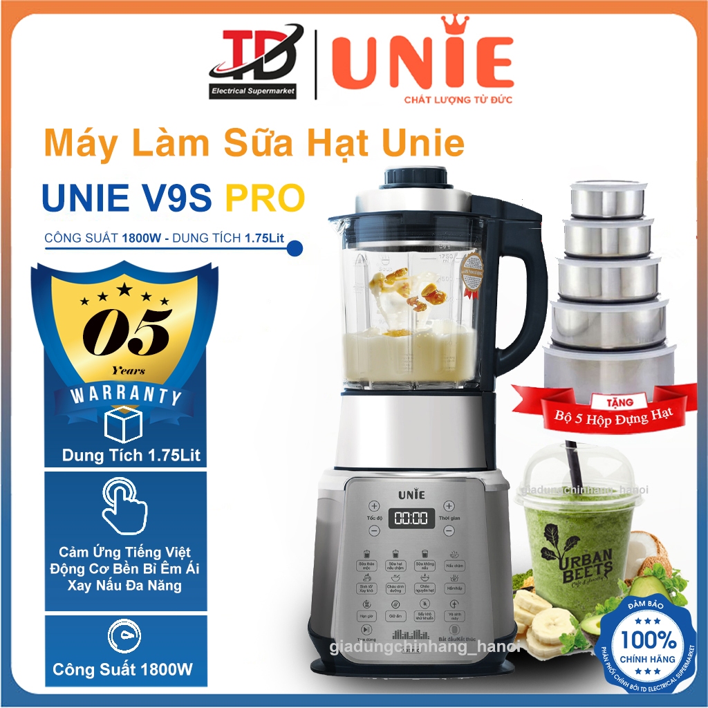 Máy Xay Nấu Sữa Hạt Unie V9S PRO, Bản 2024 Mạnh Mẽ Êm Ái, Cối 5 lớp chịu nhiệt, 1800W-1.75L ...