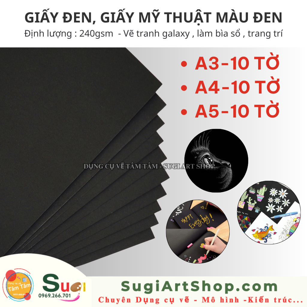 Giấy đen A3 / A4 / A 5 - 10 TỜ , giấy mỹ thuật màu đen định lượng ...