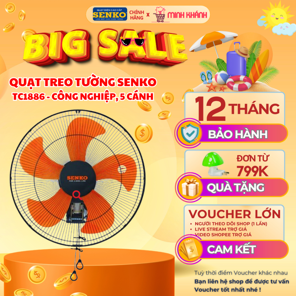 Quạt treo tường senko TC1886 - Kiểu dáng công nghiệp, 5 cánh, 65w, gió ...