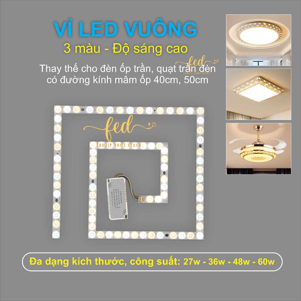 Vỉ led vuông 27w 36w 48w ánh sáng 3 màu thay thế cho các loại đèn ốp ...