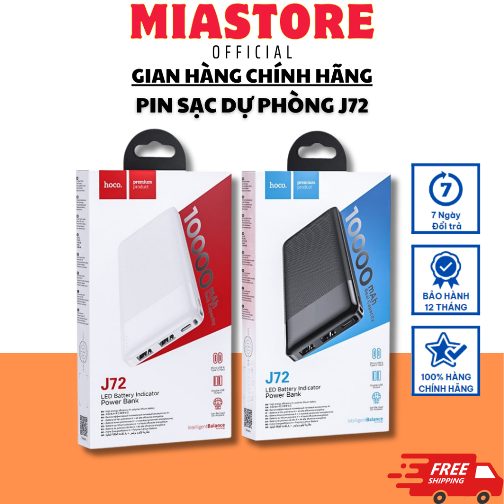 Pin dự phòng Hoco J72 dung lượng 10000mAh, sạc nhanh 2A Max, 2 Output USB, có đèn LED, lõi ...