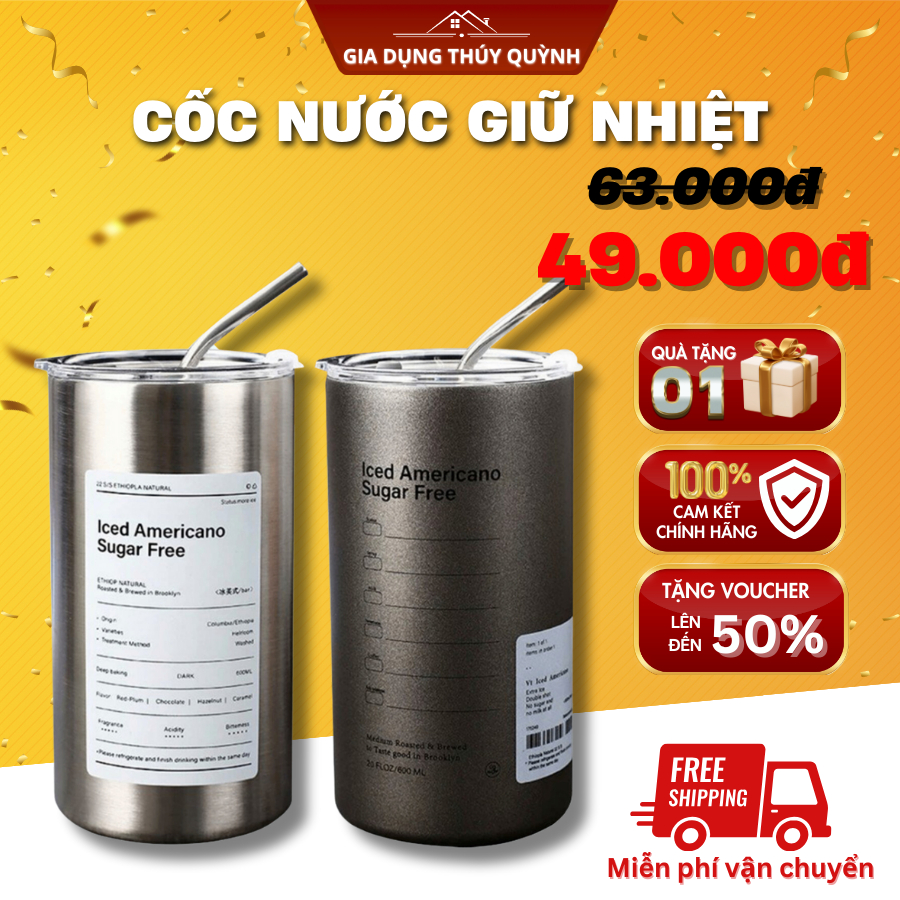 Bình Đựng Nước ,Cốc Giữ Nhiệt, Cốc Uống Nước Iced Americano Inox 304 Có Ống Hút Ly Uống Coffee ...