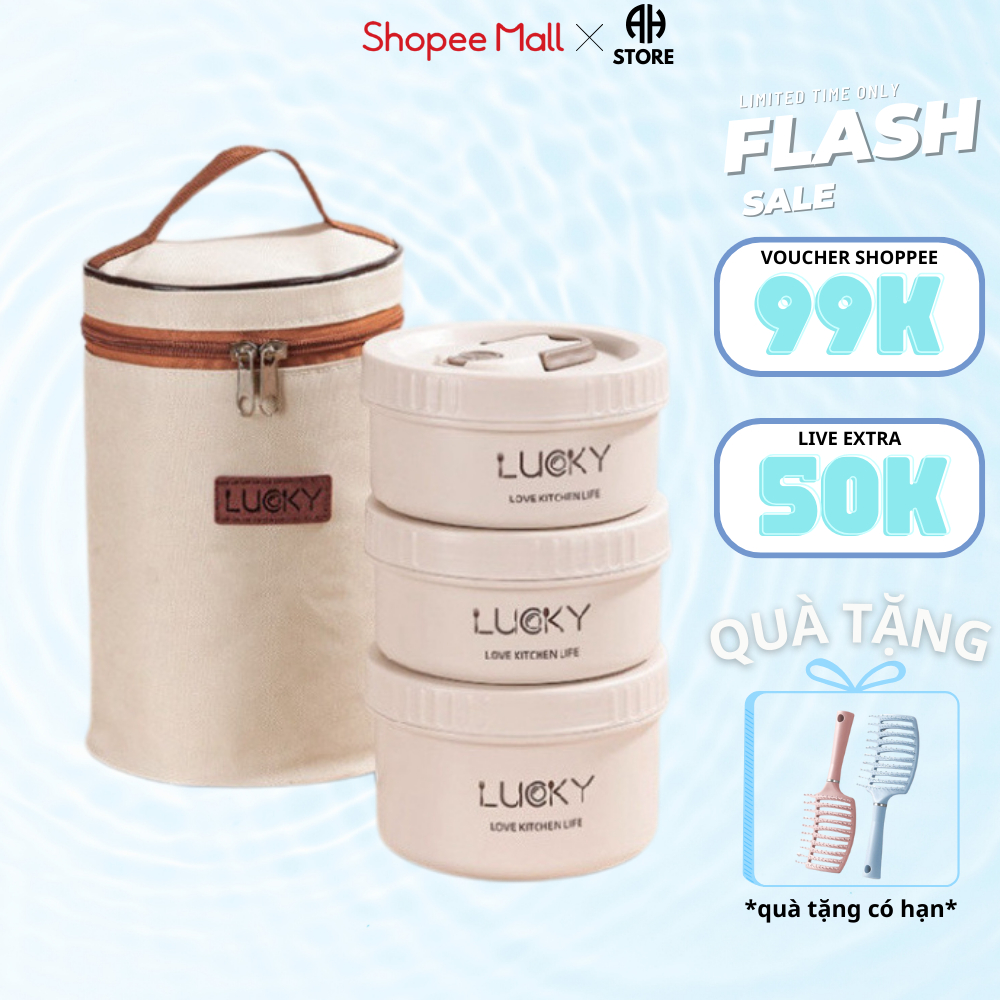 Hộp đựng cơm giữ nhiệt Lucky kèm túi, Hộp cơm văn phòng cách nhiệt 3 tầng bằng thép không gỉ 304 ...