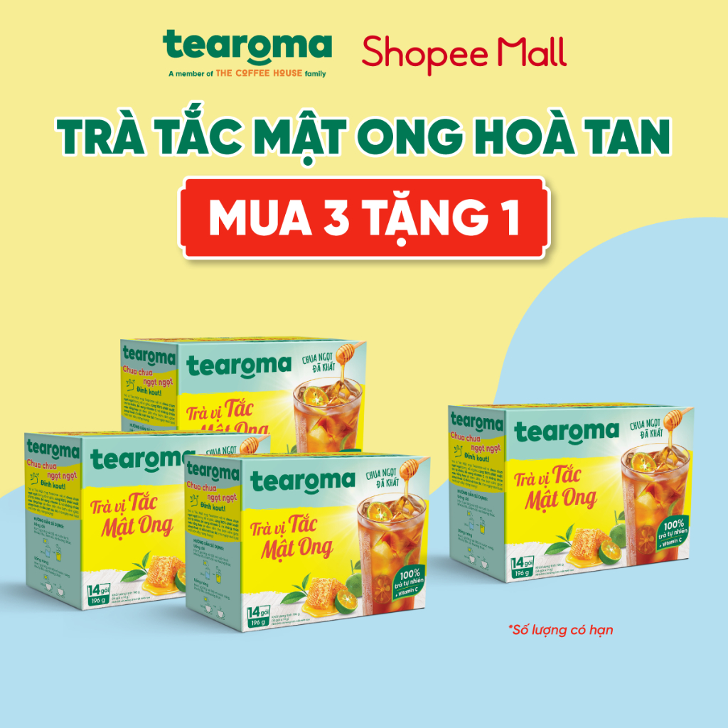 [Combo 3 Tặng 1] Trà Tearoma hòa tan vị Tắc mật ong hộp 196g (14 gói x ...