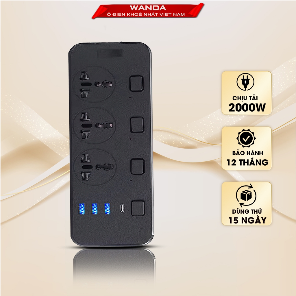Ổ điện đa năng chính hãng WANDA 3 cổng USB 15v sạc nhanh, 1 type c, chống cháy, ổ chịu tải 2000W ...