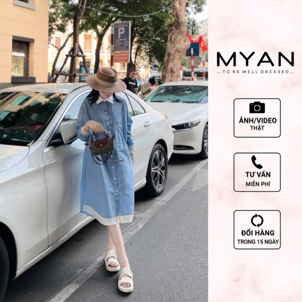 Váy Sơ Mi Nữ Kẻ Xanh Dài Dáng Suông Thiết Kế Cổ Đức Trắng Thanh Lịch ...