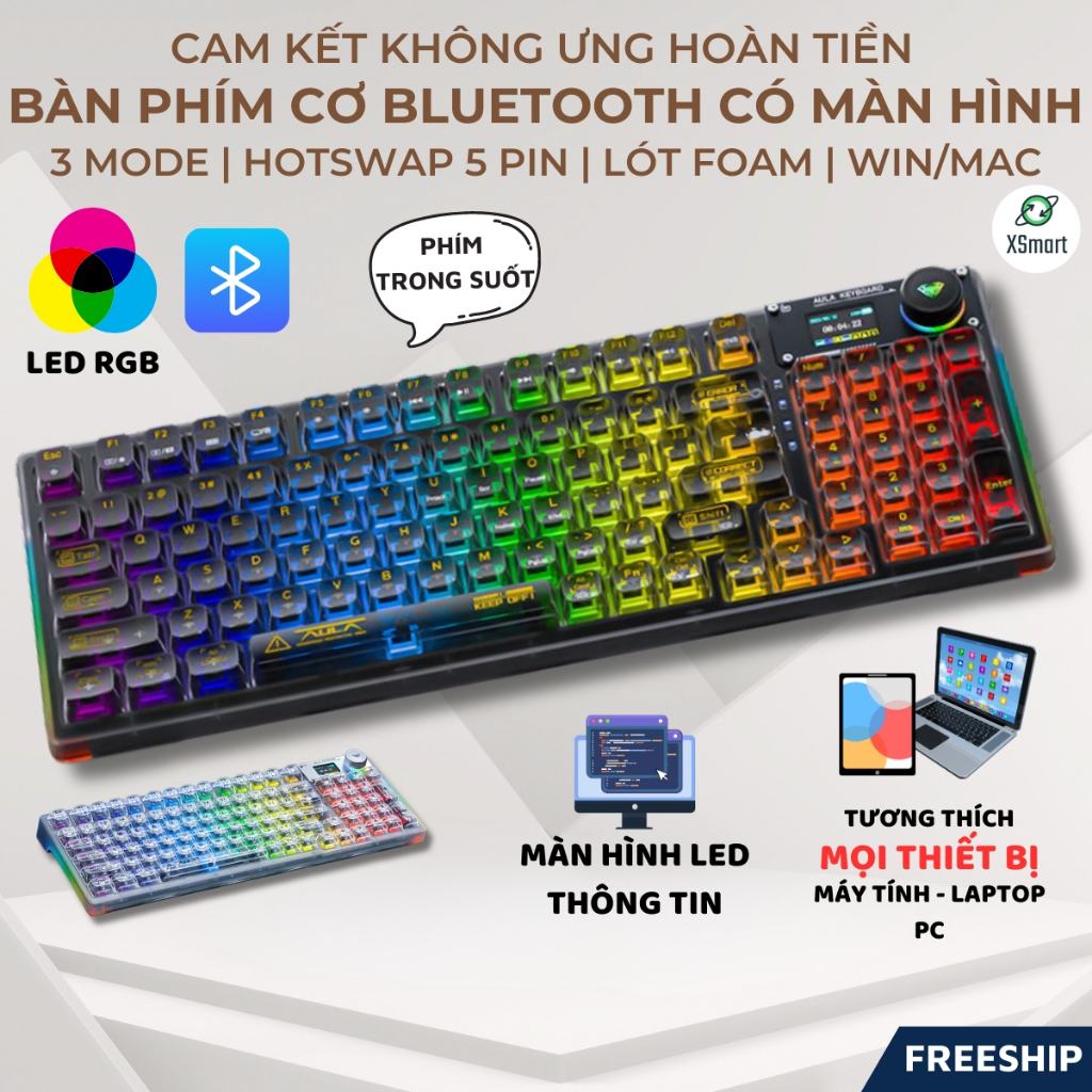 Bàn Phím Cơ Không Dây AULA F98 PRO Có Màn Hình, LED RGB Phím Tromg Suốt ...