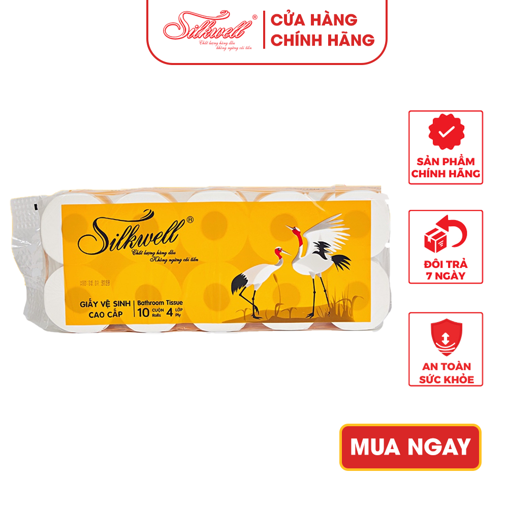 Giấy vệ sinh cao cấp Sếu Silkwell 10 cuộn 4 lớp có lõi hàng siêu thị ...