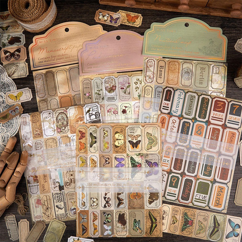 Sticker MISS TIME tem retro 4 TỜ, hình dán vintage trang trí sổ ...