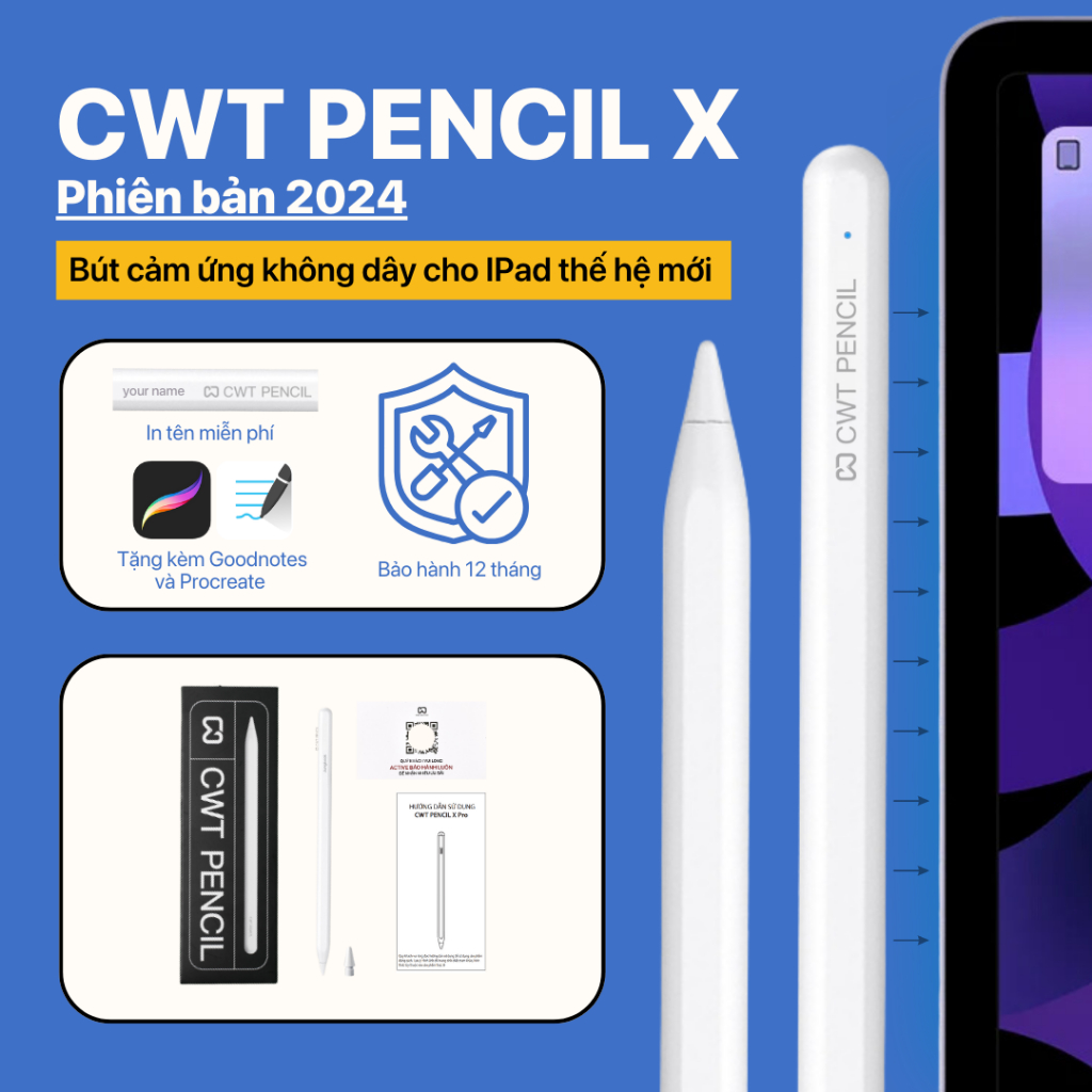 [SẠC KHÔNG DÂY] Bút cảm ứng CWT pencil X hỗ trợ sạc không dây - Cảm ứng nét thanh nét đậm - Có ...