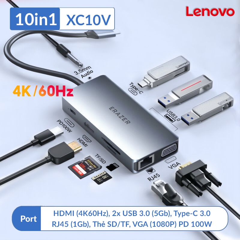 Hub Type C Lenovo Thinkplus | Chuyển USB-C to HDMI 4K PD 100W RJ45 SD ...