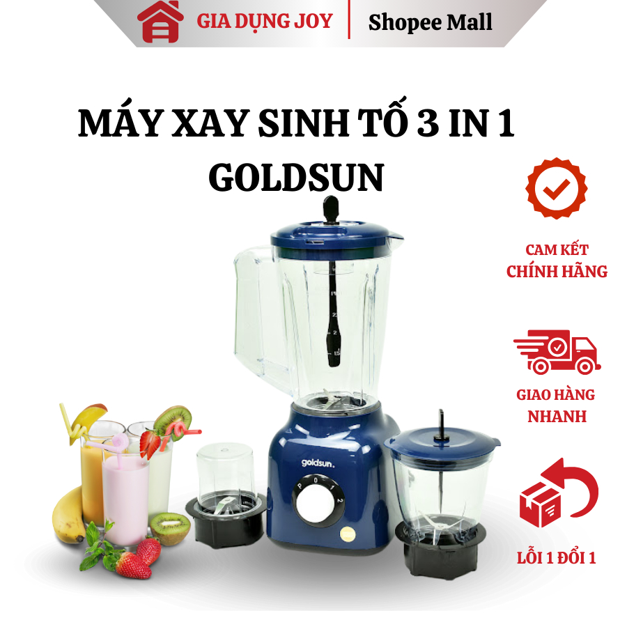 Máy xay sinh tố 3 IN 1 Goldsun GBL4115 công suất 400W, 4 lưỡi dao sắc, 3 cối nhựa, bảo hành 12 ...