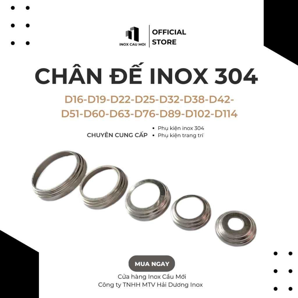 Chân đế inox tròn, chụp cầu than 304, kích thước D16-D19-D22-D25-D32-D34-D38-D42-D51-D60-D76-D89 ...