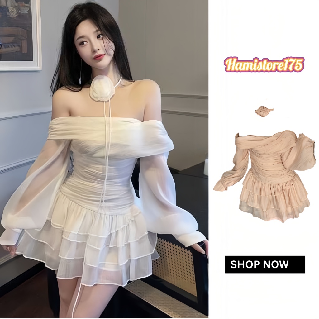 Đầm Nữ Trễ Vai Kèm Hoa Cao Cấp 2 lớp Tay Dài Bồng Bềnh Xếp Tầng Đuôi Cá ...